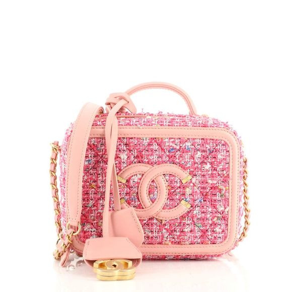 CHANEL | Bags | Chanel Filigree Vanity Case Quilted Tweed Small Pink ...